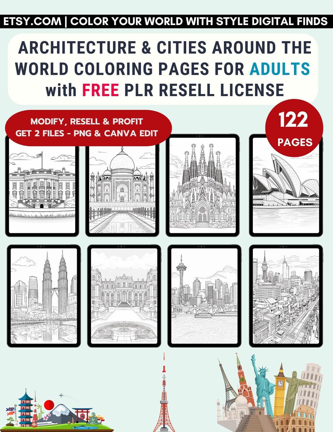 Architecture & Cities Around the World Coloring Pages for Adults With ...