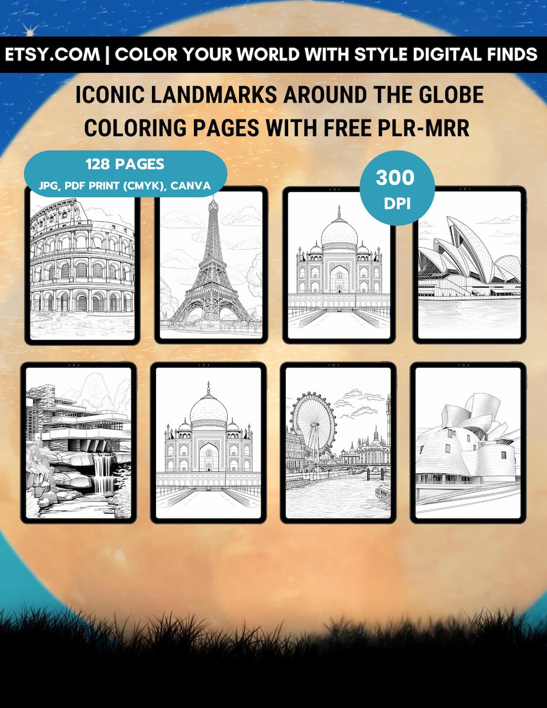 Landmark Coloring Pages | 128 World Monuments (JPG, PDF, Canva) - Etsy