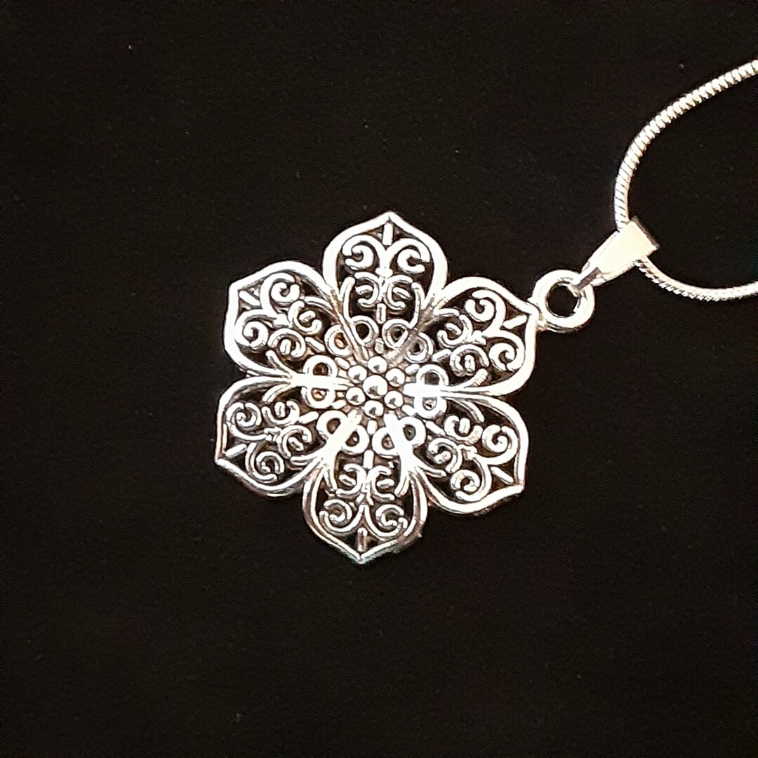 Awesome Silver Filigree Flower Mandala Necklace on Silver Snake Chain ...