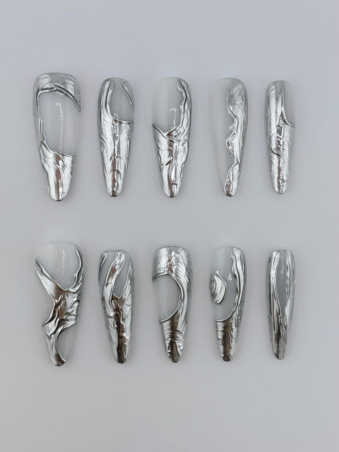 Hibeaut Silver Metallic Savage 3D Press on Nail Set Long Stiletto ...