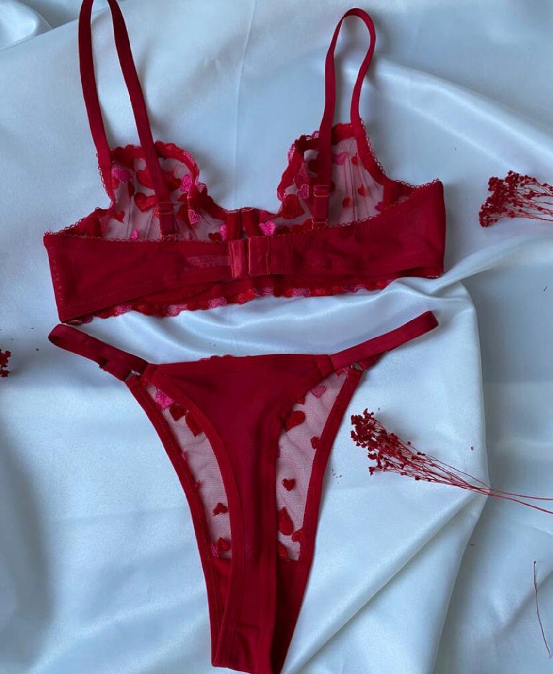 Embroidered Lingerie Set, Red Bra Set, Bra and Panty Set, Sheer Bra Set ...
