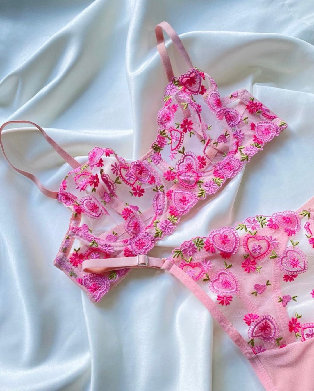 Sheer Bra Set, ,embroidered Lingerie Set, Bra and Panty Set, Heart ...