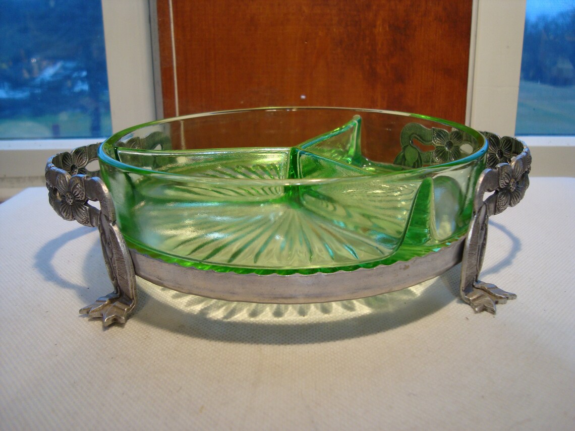 Vaseline Green Depression Glass 3 Divided Relish Candy Dish in Metal ...