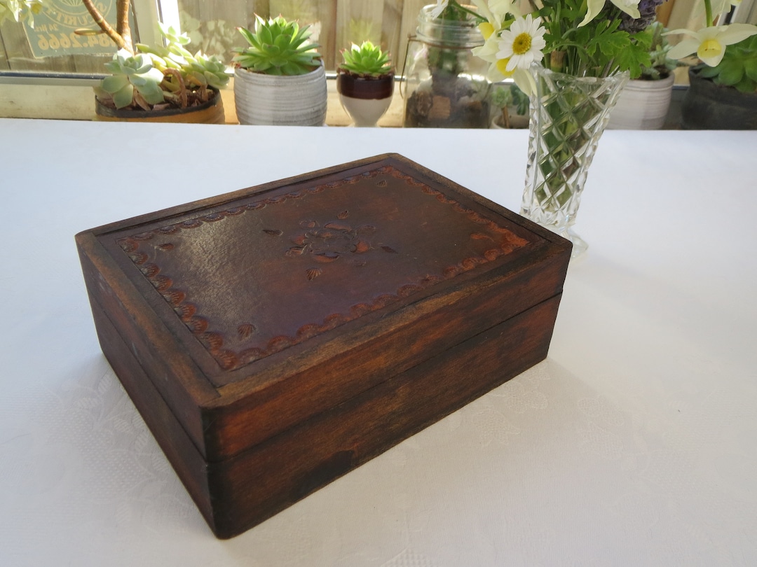 Rectangular Hinged Wooden Box With Leather Embossed Lid - Etsy