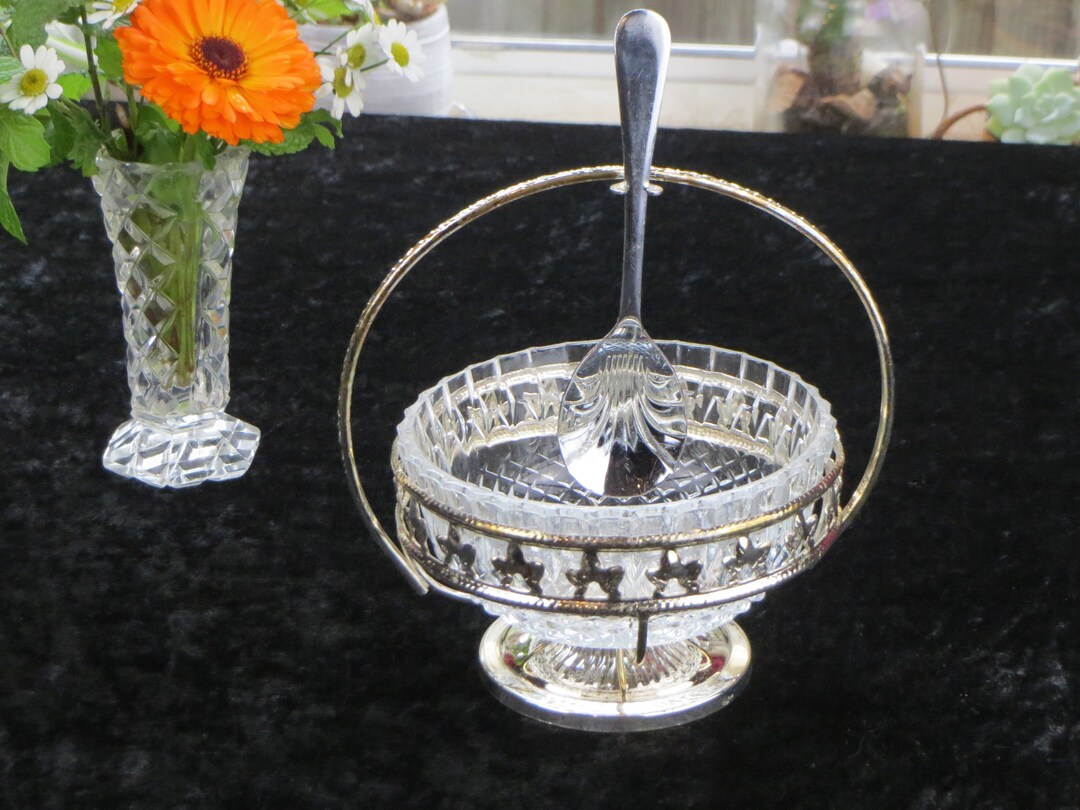 Queen Anne Style Glass Jam Dish: Silver Plated Stand With Spoon - Etsy