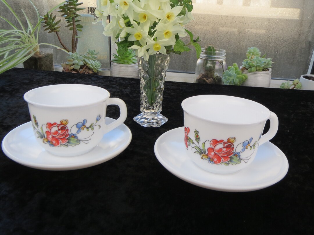 Arcopal Milk Glass Tea Cup Set: Provincial Rose Floral Pattern - Etsy