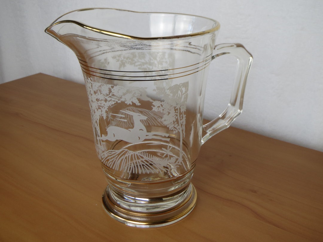 Gold Rimmed Water Jug Pitcher With White Deer Fresco Circa. 1950's - Etsy