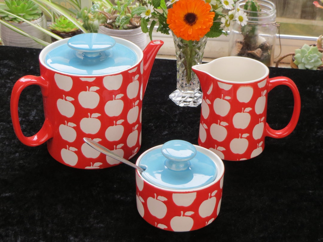 Apple Patterned Ceramic Teapot Set: Retro Red, White & Blue Glaze - Etsy