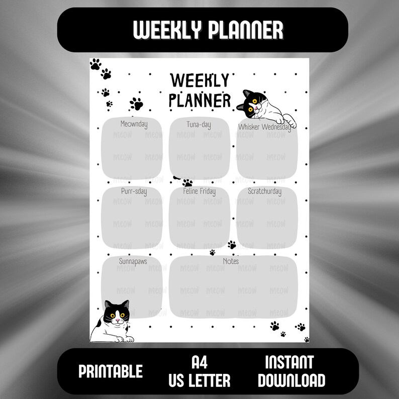 Printable Weekly Planner, Instant Download PDF, A4/US Letter, Cat ...