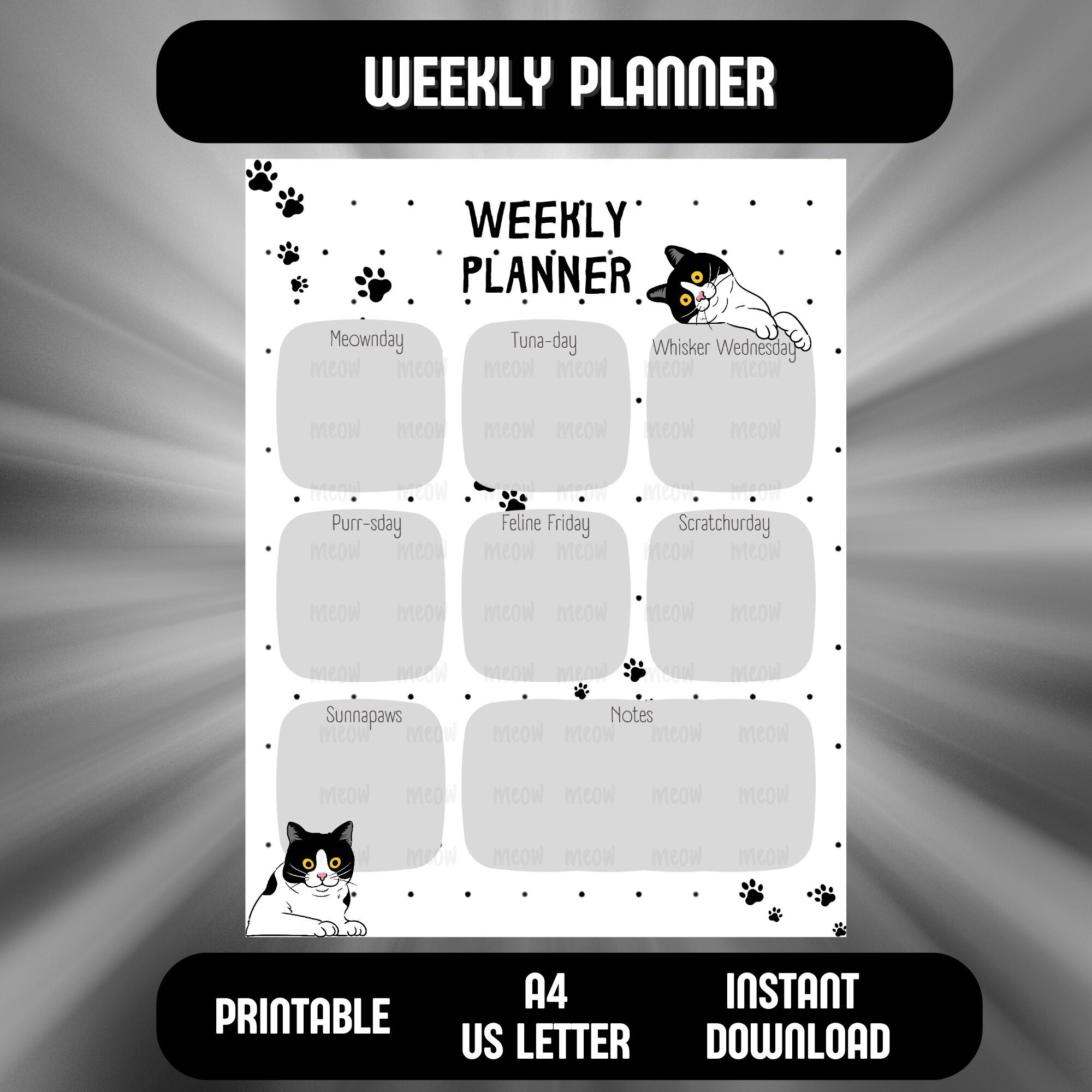 Printable Weekly Planner, Instant Download PDF, A4/US Letter, Cat ...