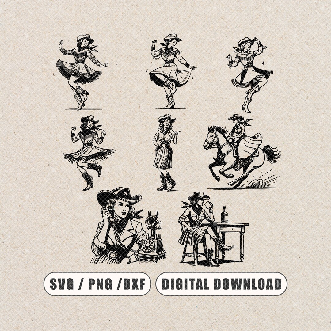 Retro Cowgirl Clipart Bundle,retro Cowgirl Svg Png,vintage Cowgirl ...