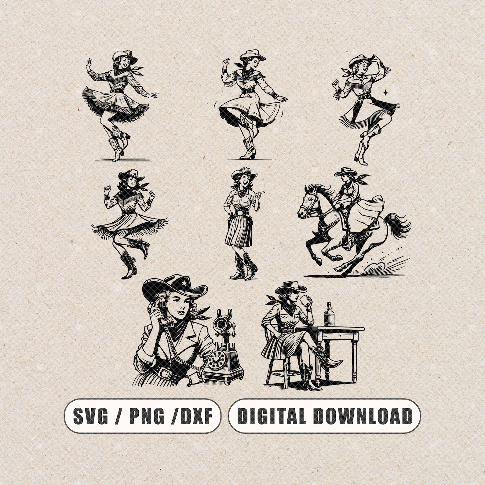 Retro Cowgirl Clipart Bundle,retro Cowgirl Svg Png,vintage Cowgirl ...