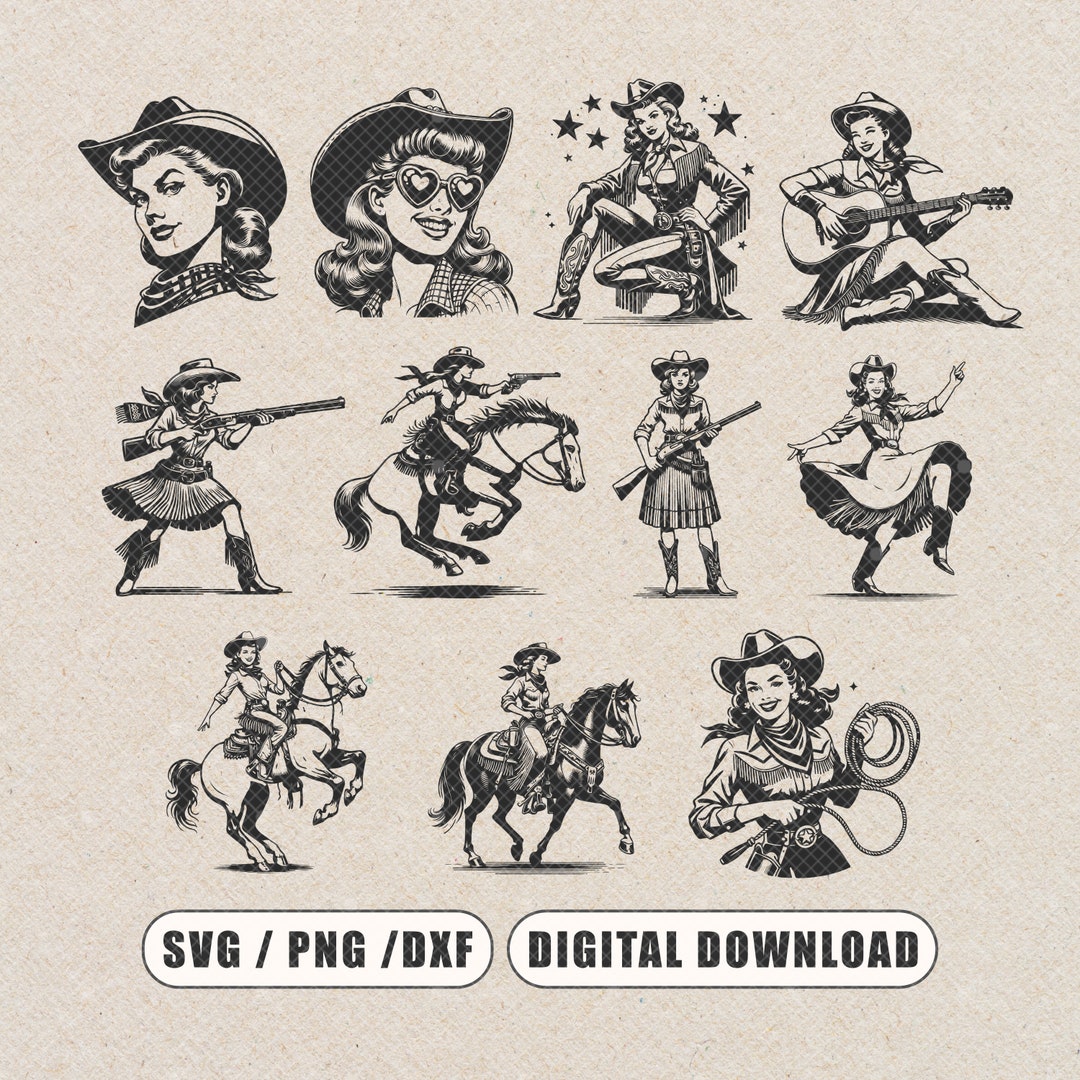 Retro Cowgirl Clipart Bundle,retro Cowgirl Svg Png,vintage Cowgirl ...