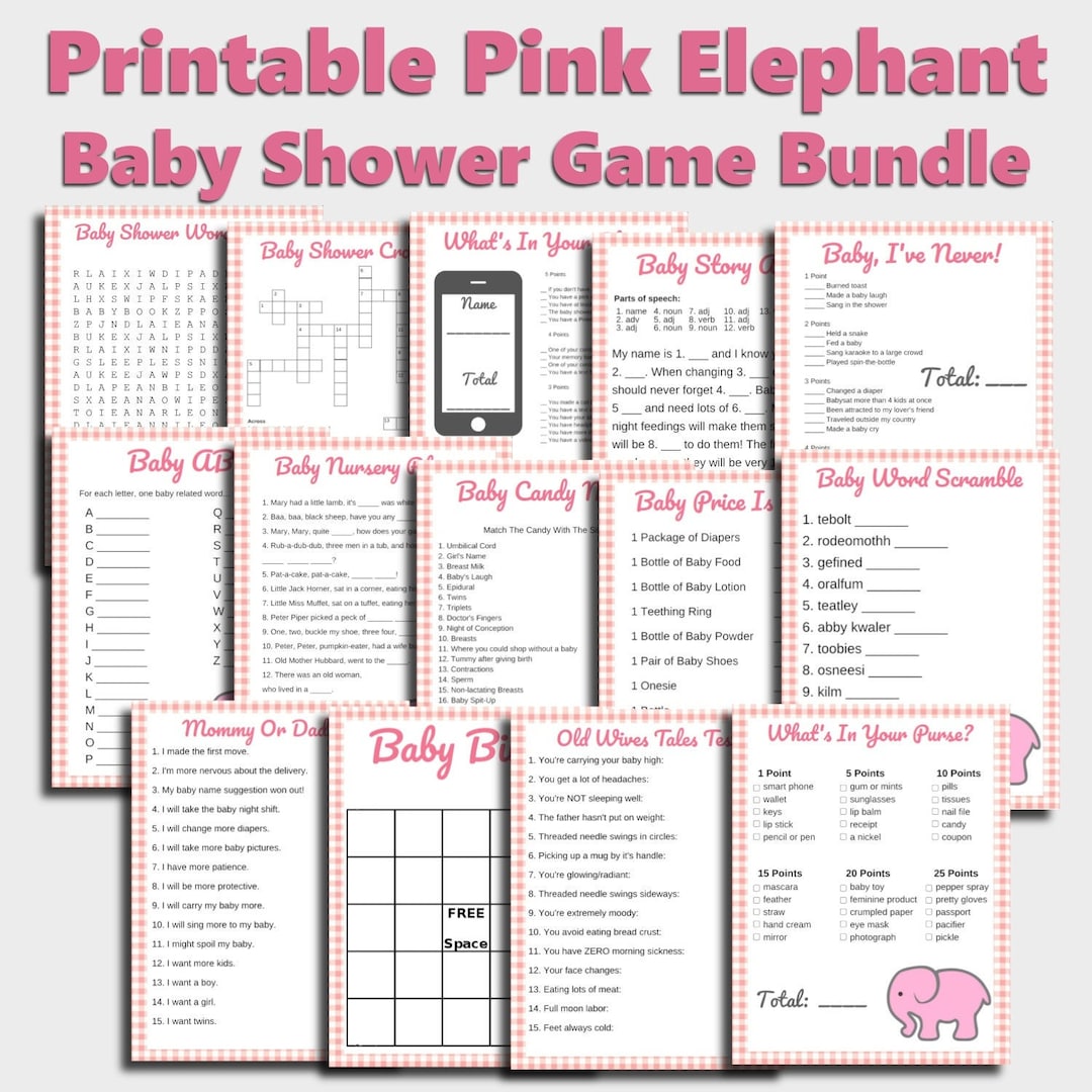 Pink Elephant Printable Baby Shower Game Bundle Baby Girl - Etsy