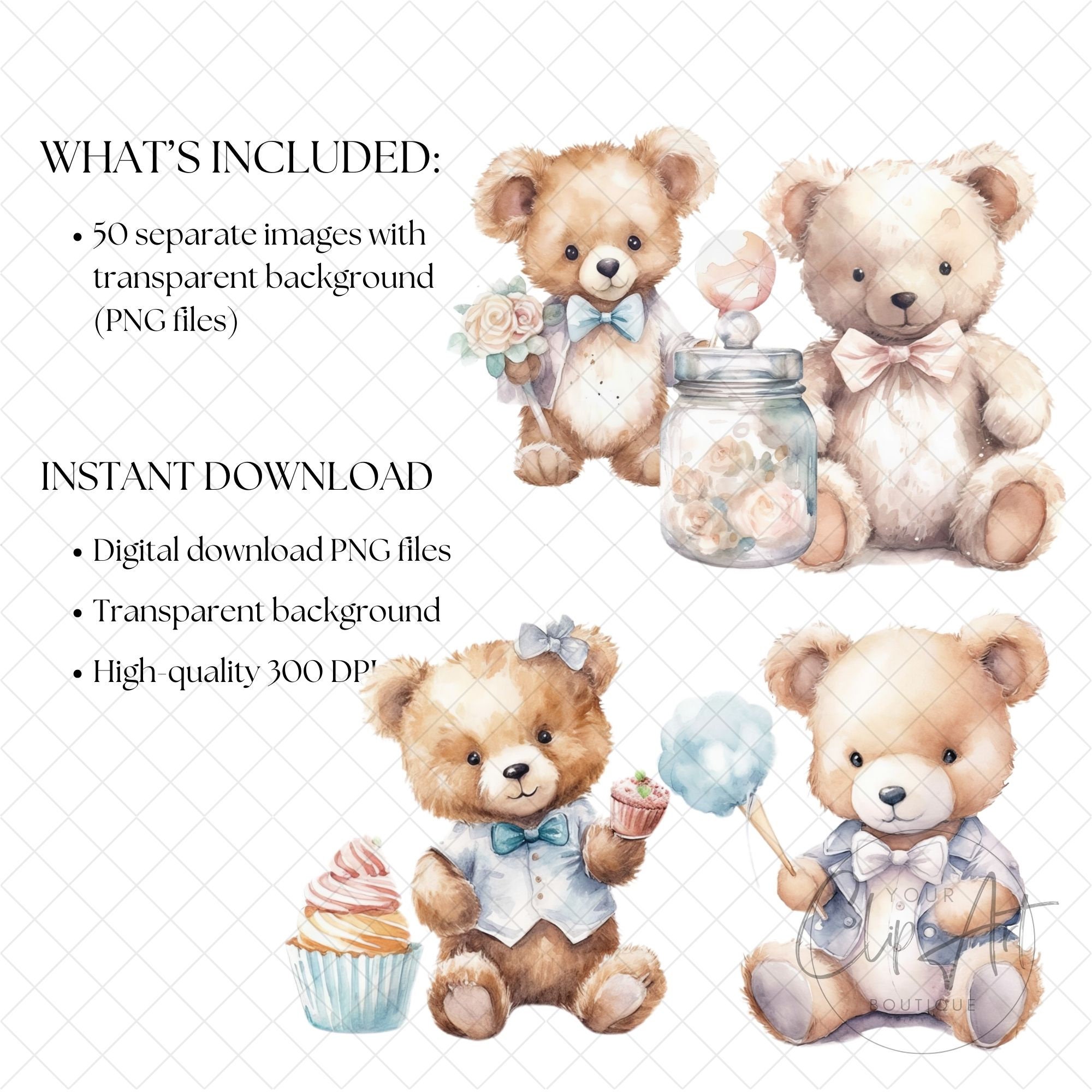 Watercolor Teddy Bear Clip Art Sweet Baby Shower Graphics Nursery Wall ...