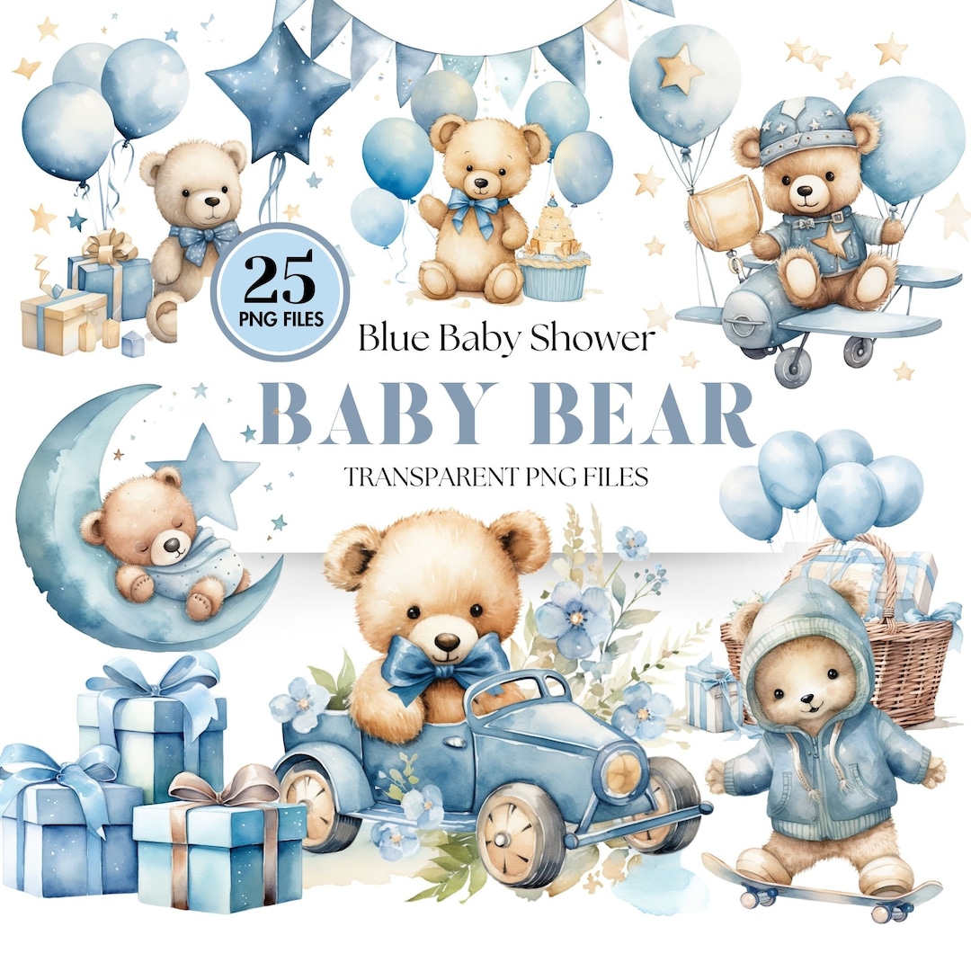 Sweet Baby Boy, Blue Teddy Bear Clipart Bundle Watercolor Baby Shower ...