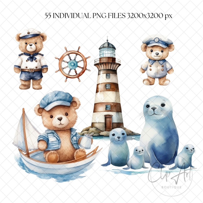 Cute Sailor Teddy Bear Clipart Nautical Nursery Decor Ocean Theme Baby ...