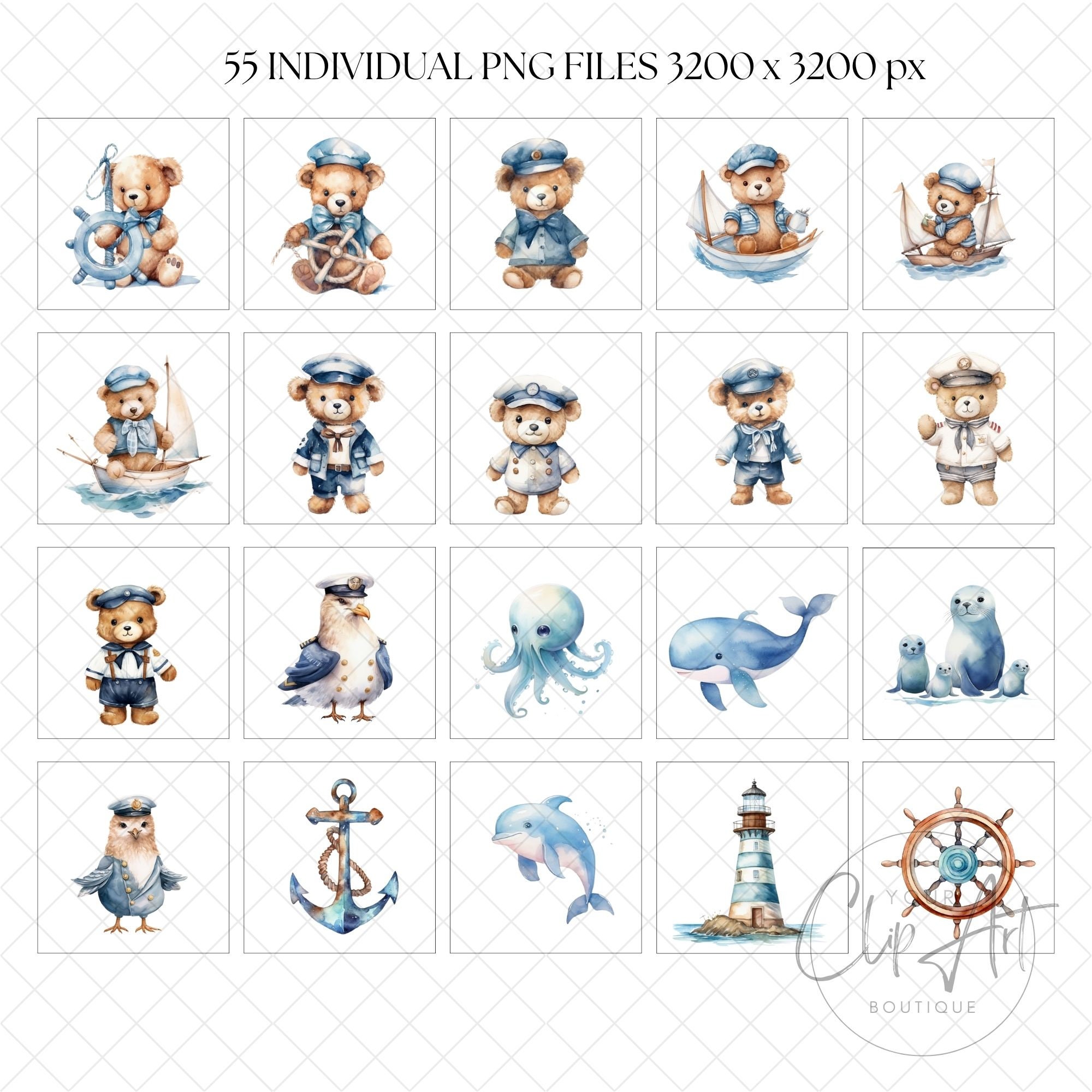 Cute Sailor Teddy Bear Clipart Nautical Nursery Decor Ocean Theme Baby ...