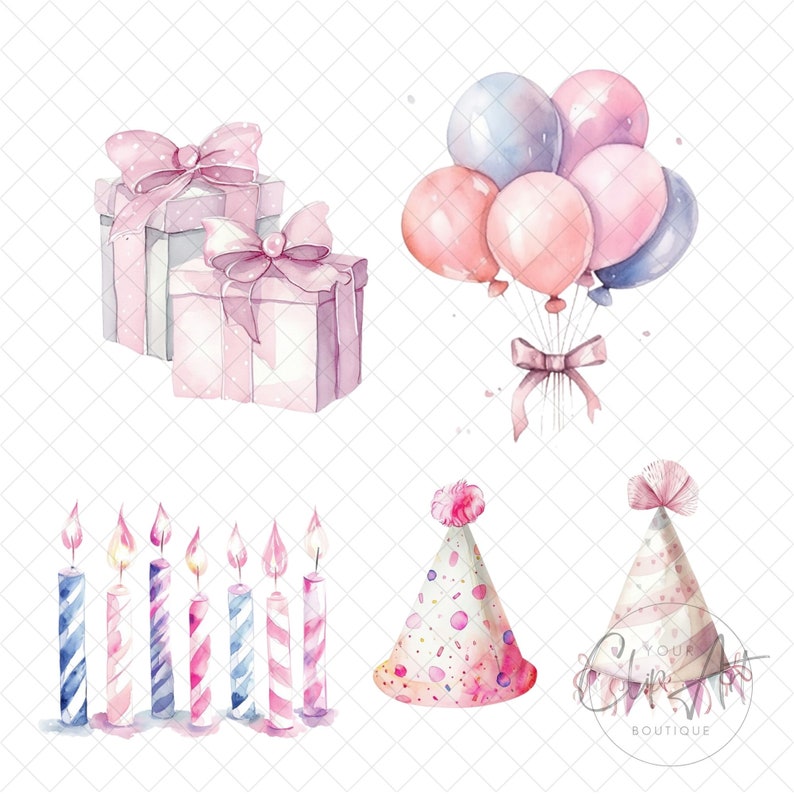 Watercolor Pink Birthday Clipart Cute Girl Party Bundle Decoration ...
