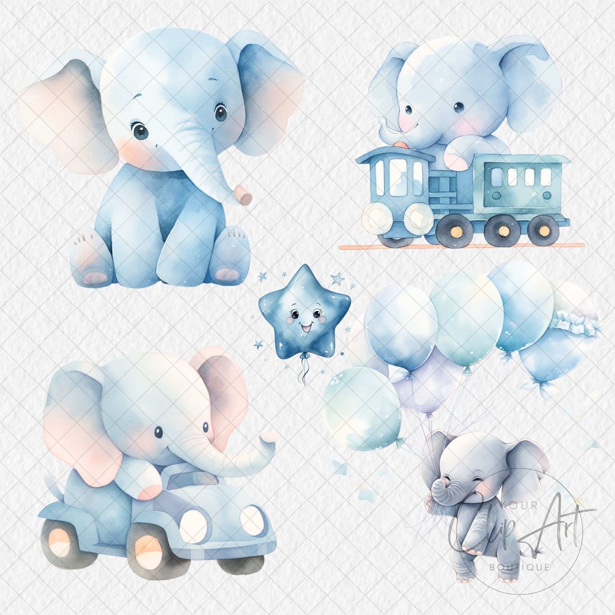 Cute Blue Elephant Watercolor Clipart, Baby Shower Graphics PNG, Baby ...