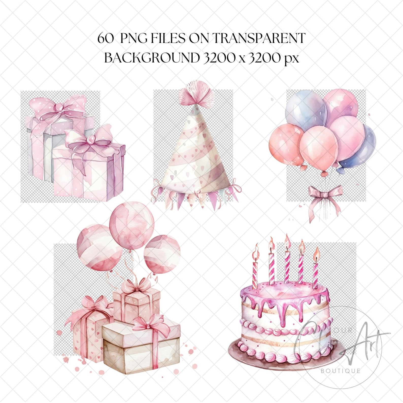 Watercolor Pink Birthday Clipart Cute Girl Party Bundle Decoration ...