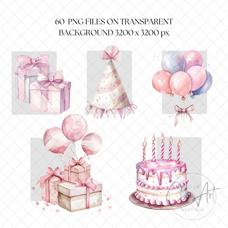 Watercolor Pink Birthday Clipart Cute Girl Party Bundle Decoration ...