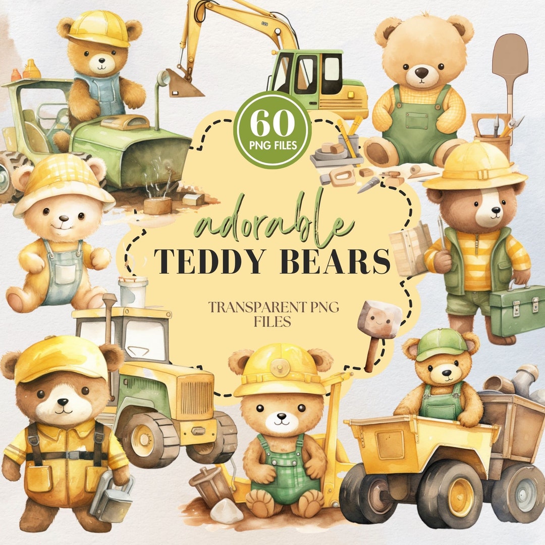 Watercolor Construction Teddy Bears Cute Clipart Images Set Trucks ...