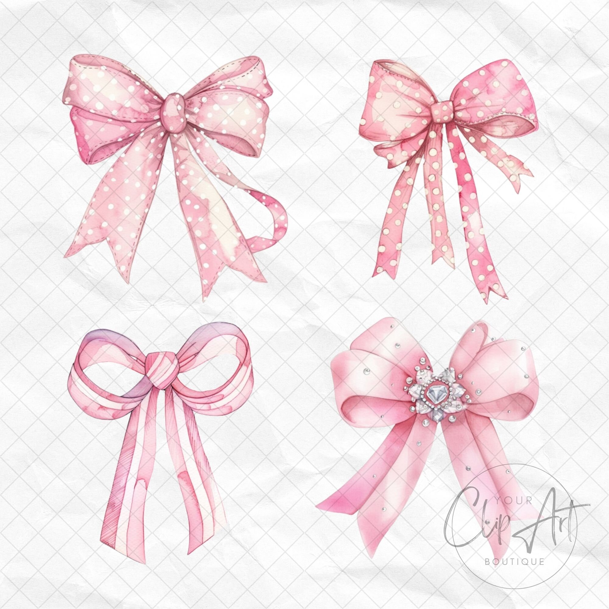 Pastel Pink Bow Clipart Collection Watercolor Ribbon Illustrations Silk ...