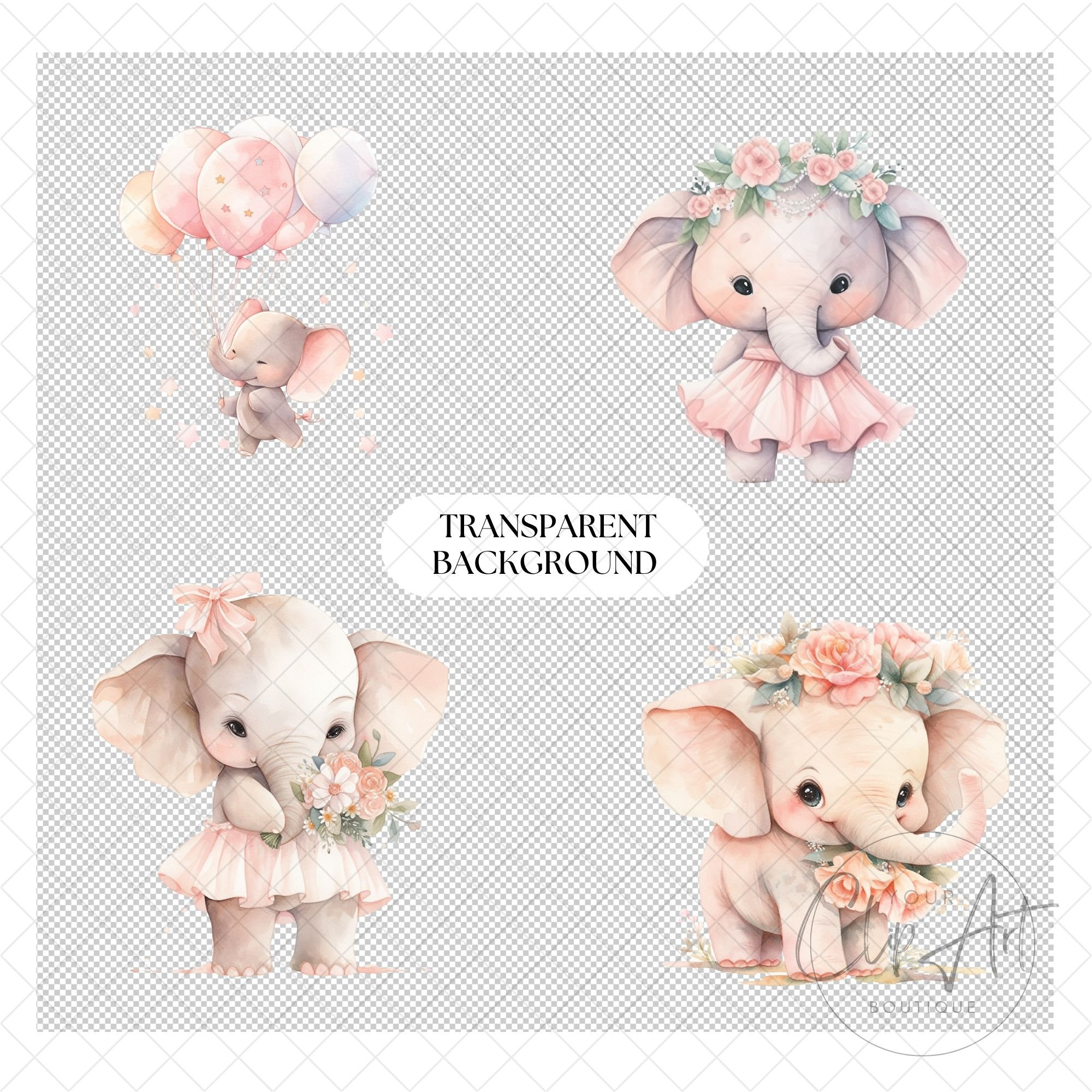 Cute Pink Elephant Watercolor Clipart, Baby Shower Graphics PNG, Baby ...