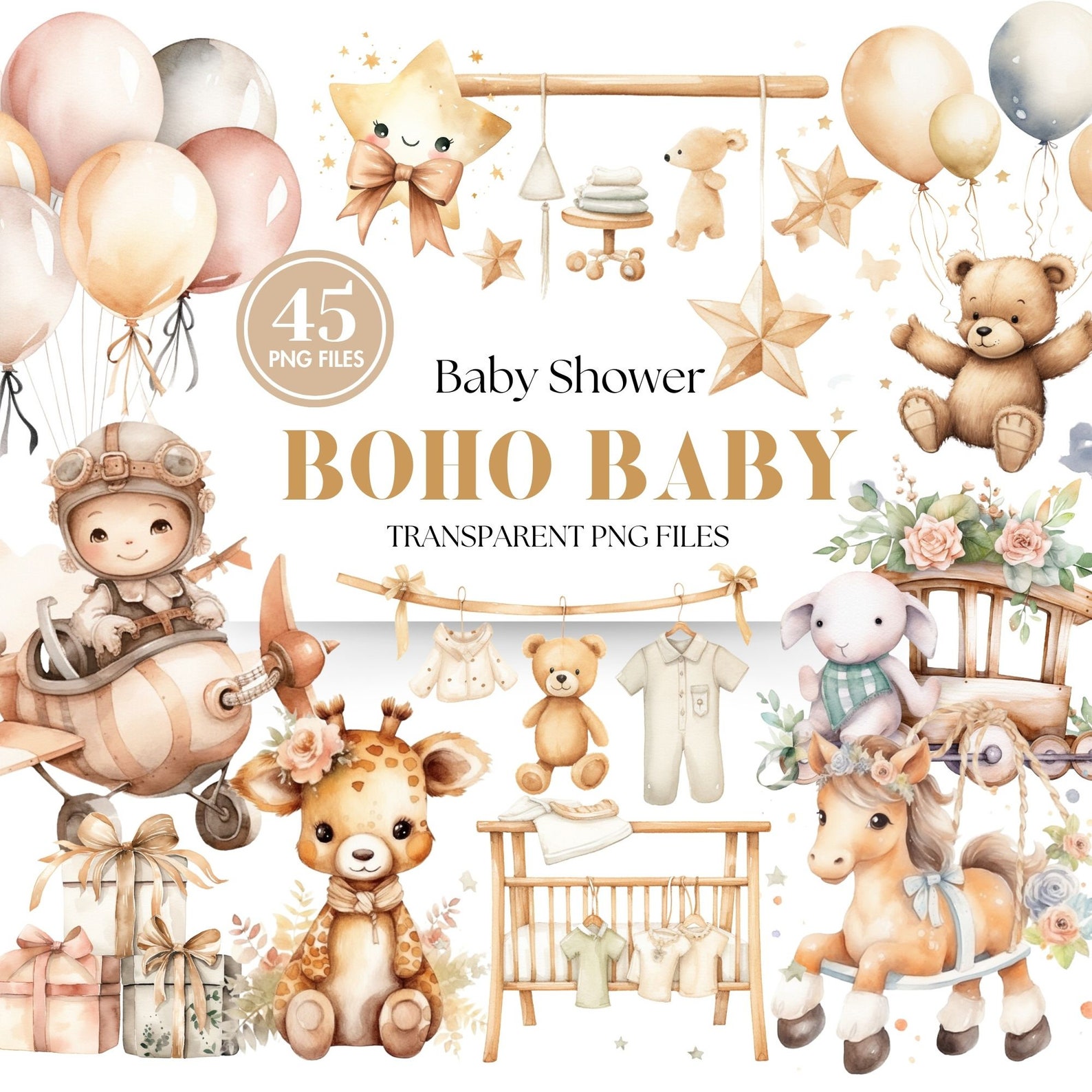 Sweet Boho Baby Shower Clipart Watercolor Clipart Nursery - Etsy