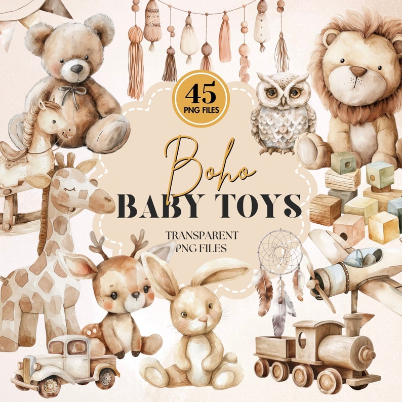 Watercolor Baby Toys Clipart Boho Nursery Wall Art Baby Shower Decor ...