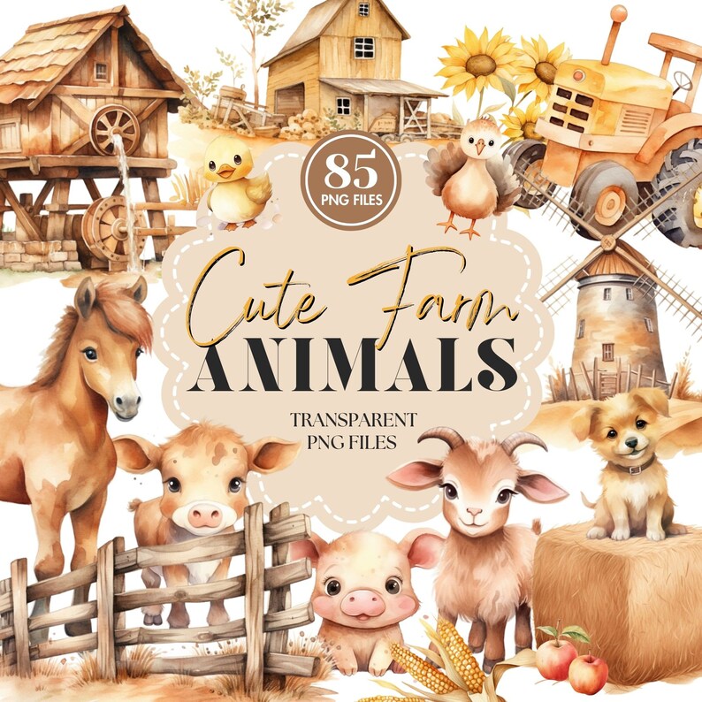 Watercolor Farm Clipart Cute Animal Illustrations Barnyard Nursery ...