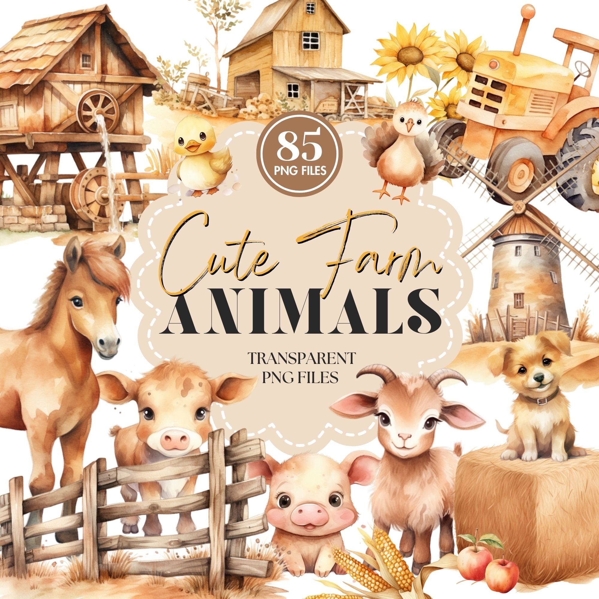 Watercolor Farm Clipart Cute Animal Illustrations Barnyard Nursery ...