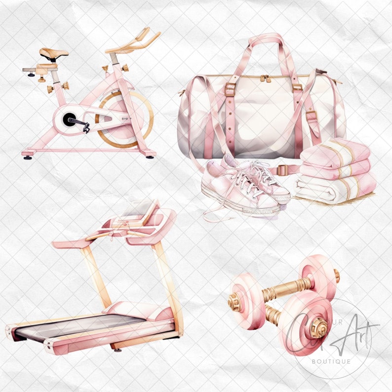 Pink Watercolor Gym Clipart Pack Fitness Illustrations Workout Planner ...