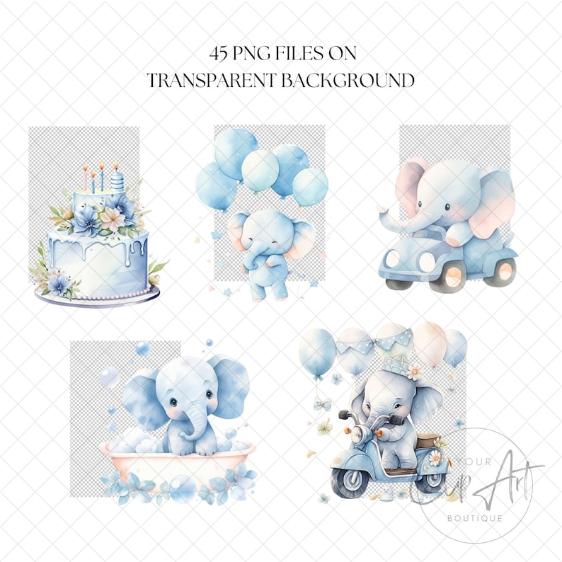 Cute Blue Elephant Watercolor Clipart, Baby Shower Graphics PNG, Baby ...