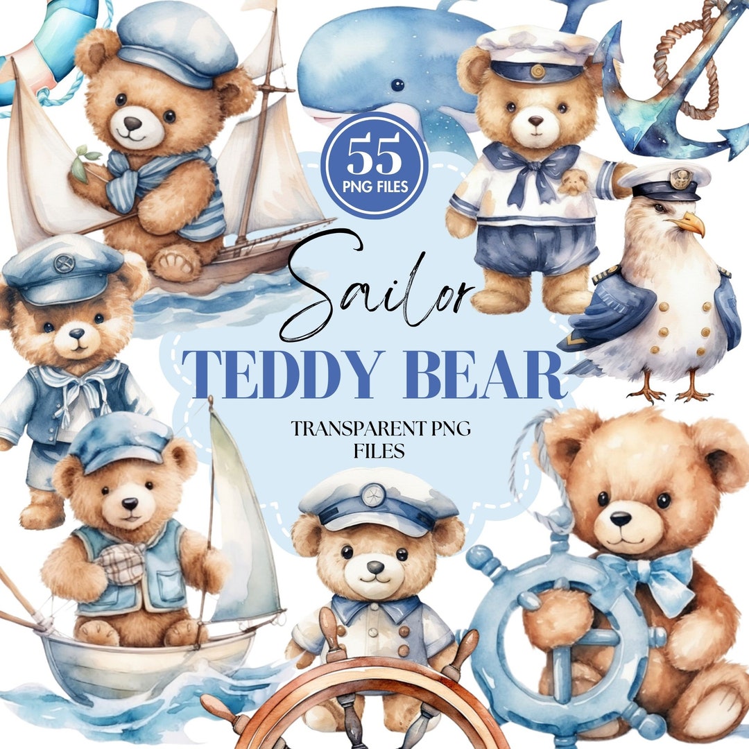 Cute Sailor Teddy Bear Clipart Nautical Nursery Decor Ocean Theme Baby ...