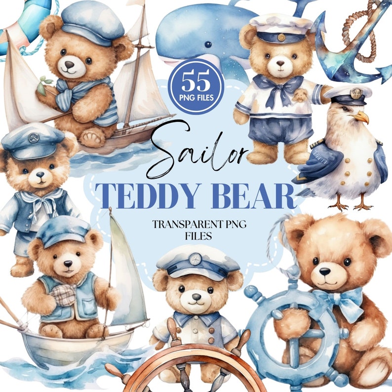 Cute Sailor Teddy Bear Clipart Nautical Nursery Decor Ocean Theme Baby ...
