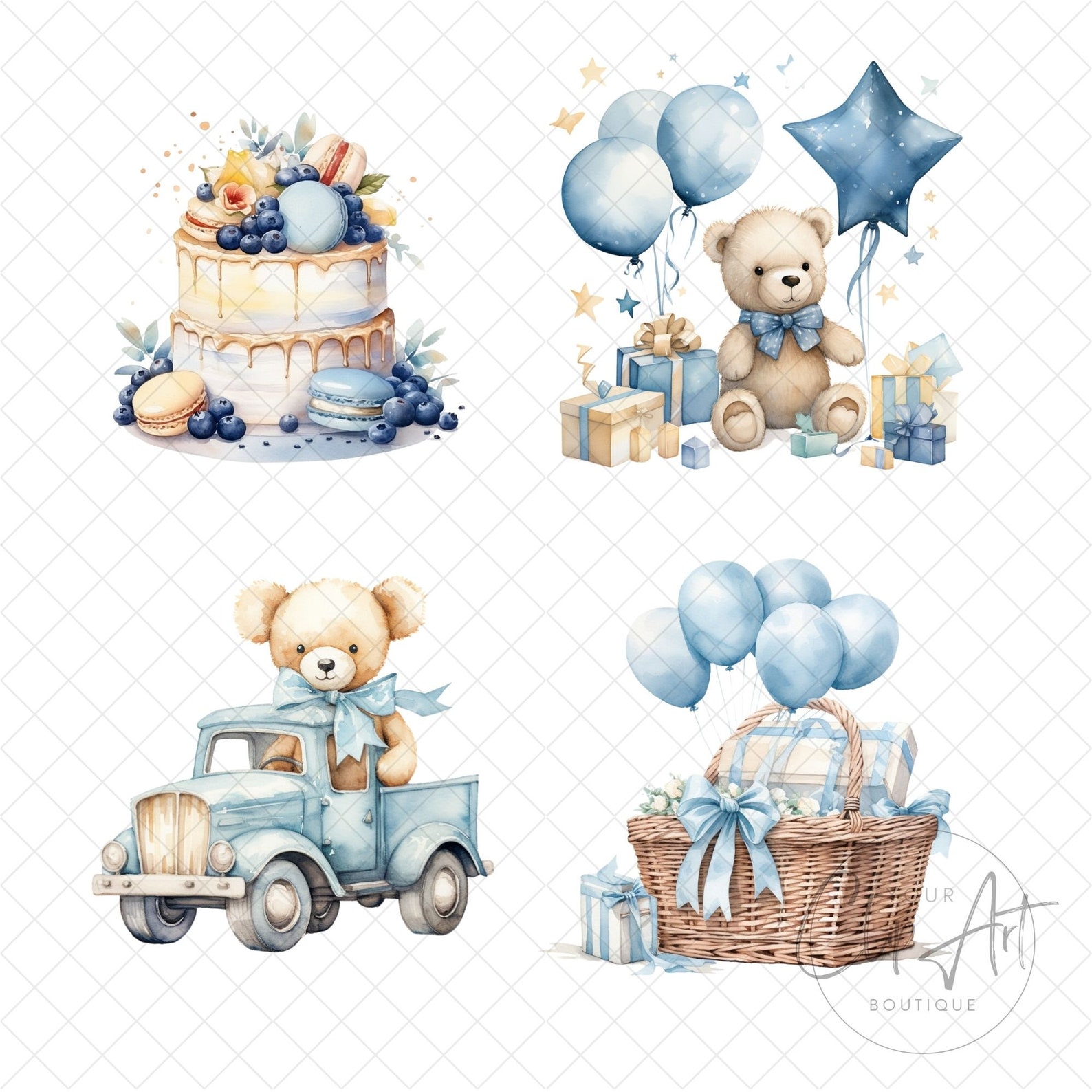 Sweet Baby Boy, Blue Teddy Bear Clipart Bundle Watercolor Baby Shower ...