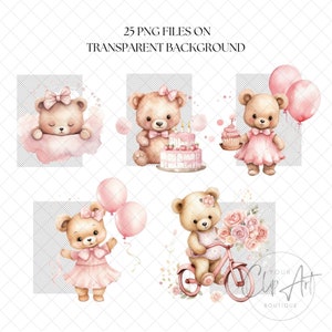 Sweet Baby Girl Teddy Bear Clipart Bundle Watercolor Baby Shower ...