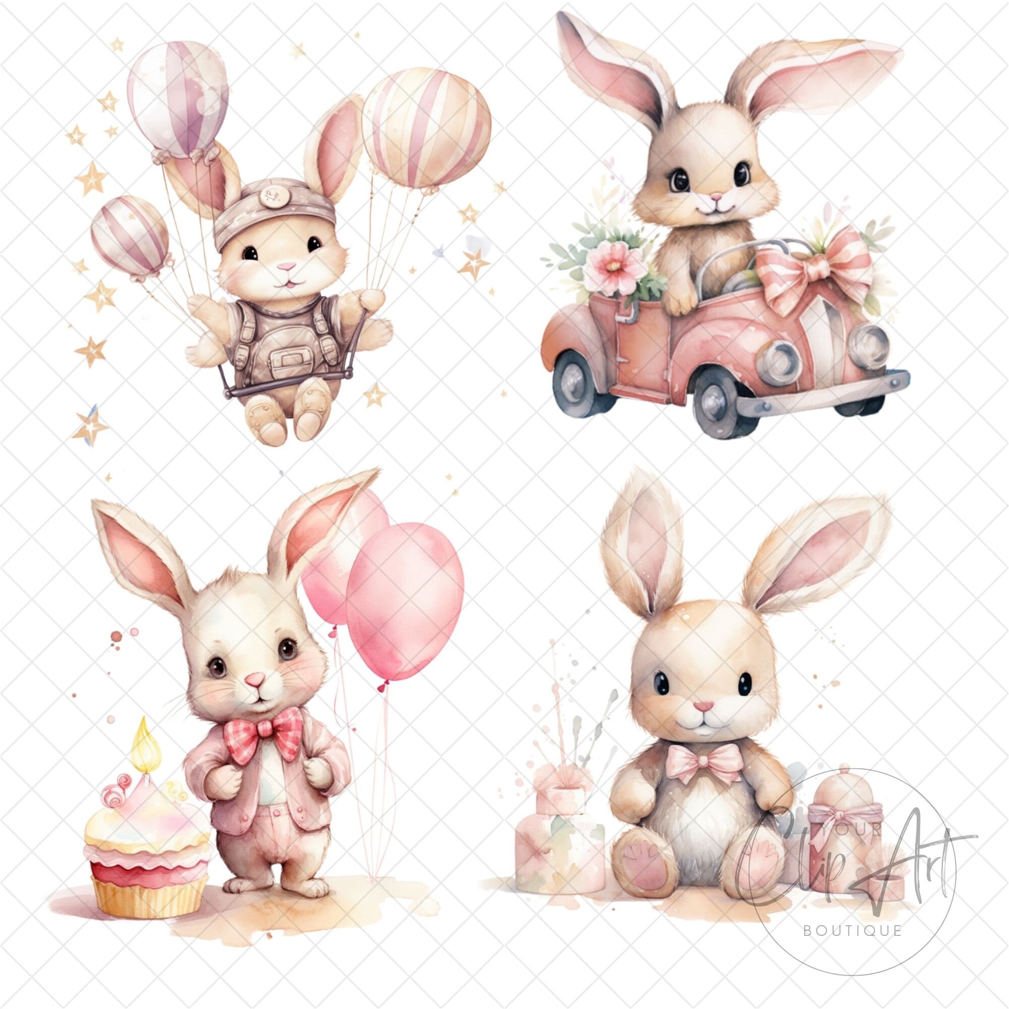 Cute Pink Watercolor Bunny Clipart Bundle, Nursery Decor PNG, High ...