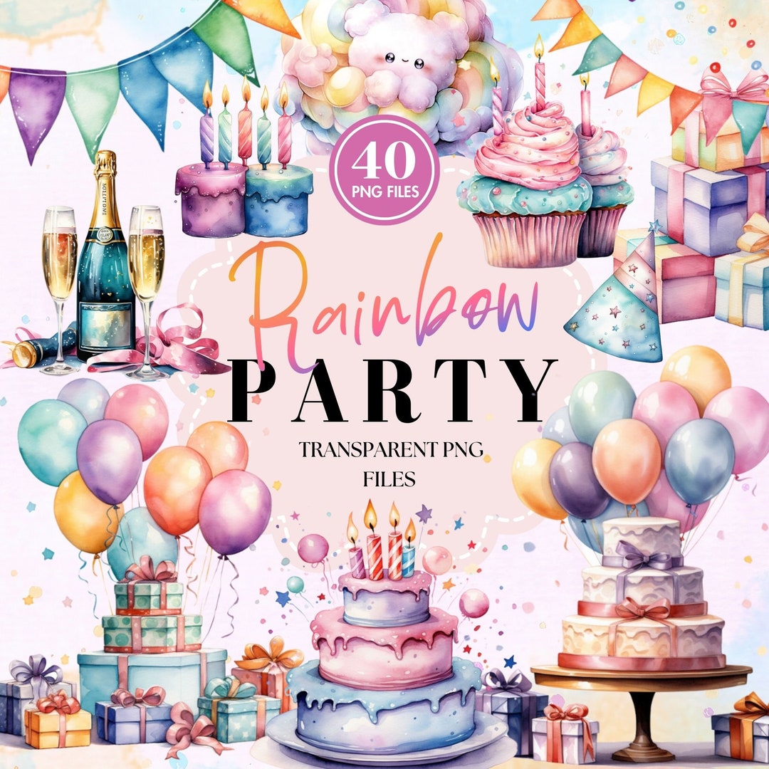 Rainbow Colorful Birthday Clipart Watercolor Decor Graphics Bundle ...