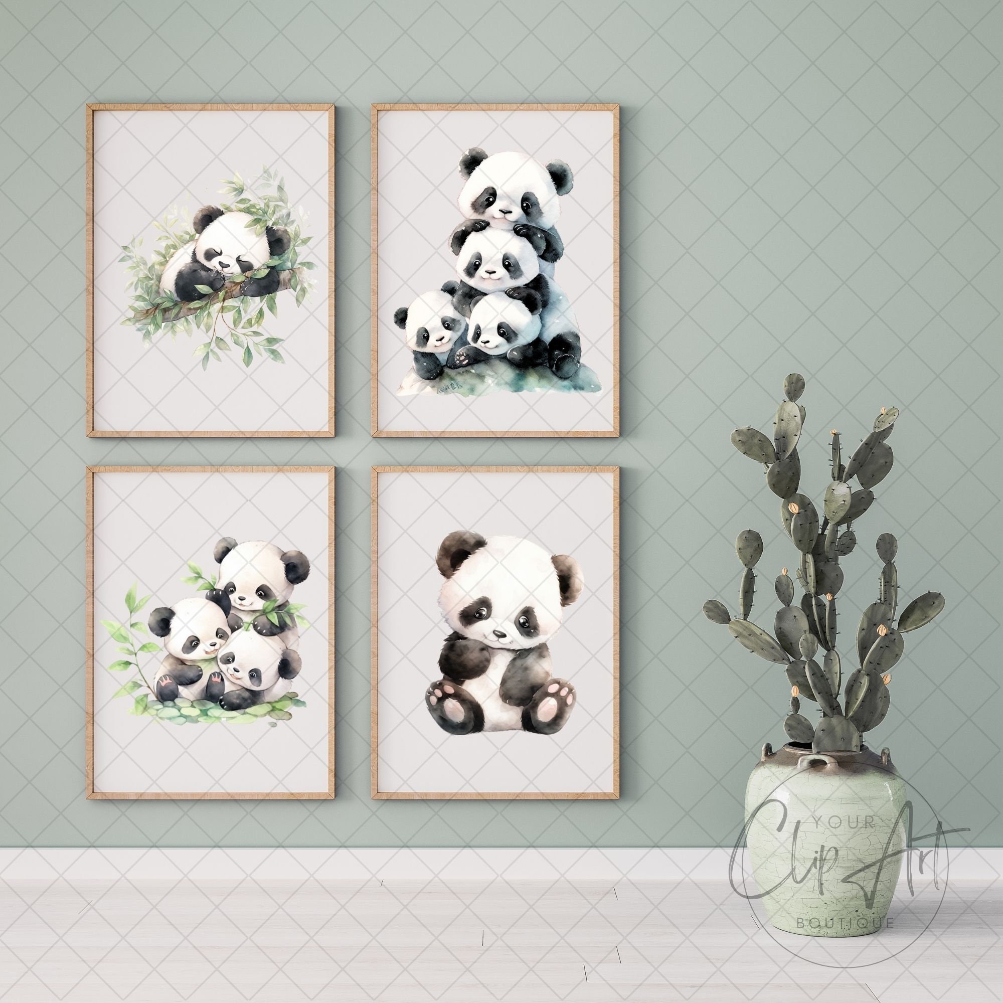 Watercolor Cute Pandas Clipart Nursery Wall Art Baby Shower Decorations ...