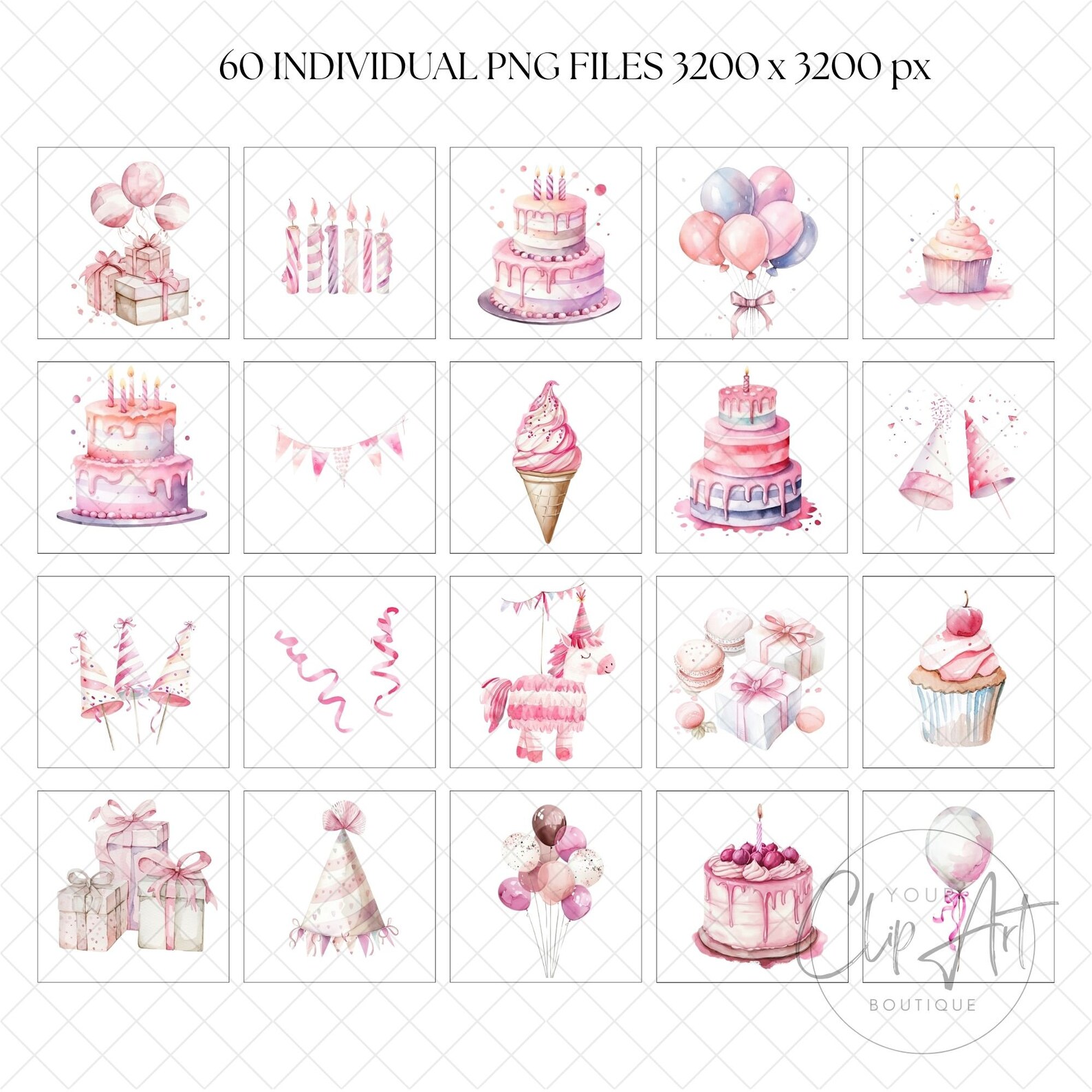 Watercolor Pink Birthday Clipart Cute Girl Party Bundle Decoration ...