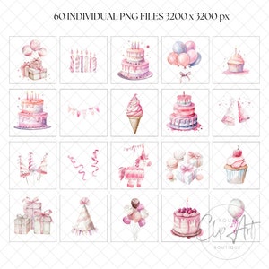 Watercolor Pink Birthday Clipart Cute Girl Party Bundle Decoration ...