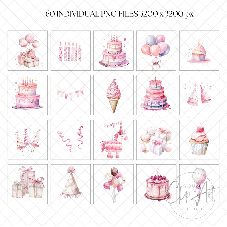Watercolor Pink Birthday Clipart Cute Girl Party Bundle Decoration ...