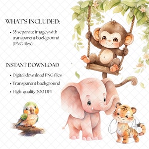Cute Jungle Animals Clipart Safari Nursery PNG Watercolor Baby Shower ...