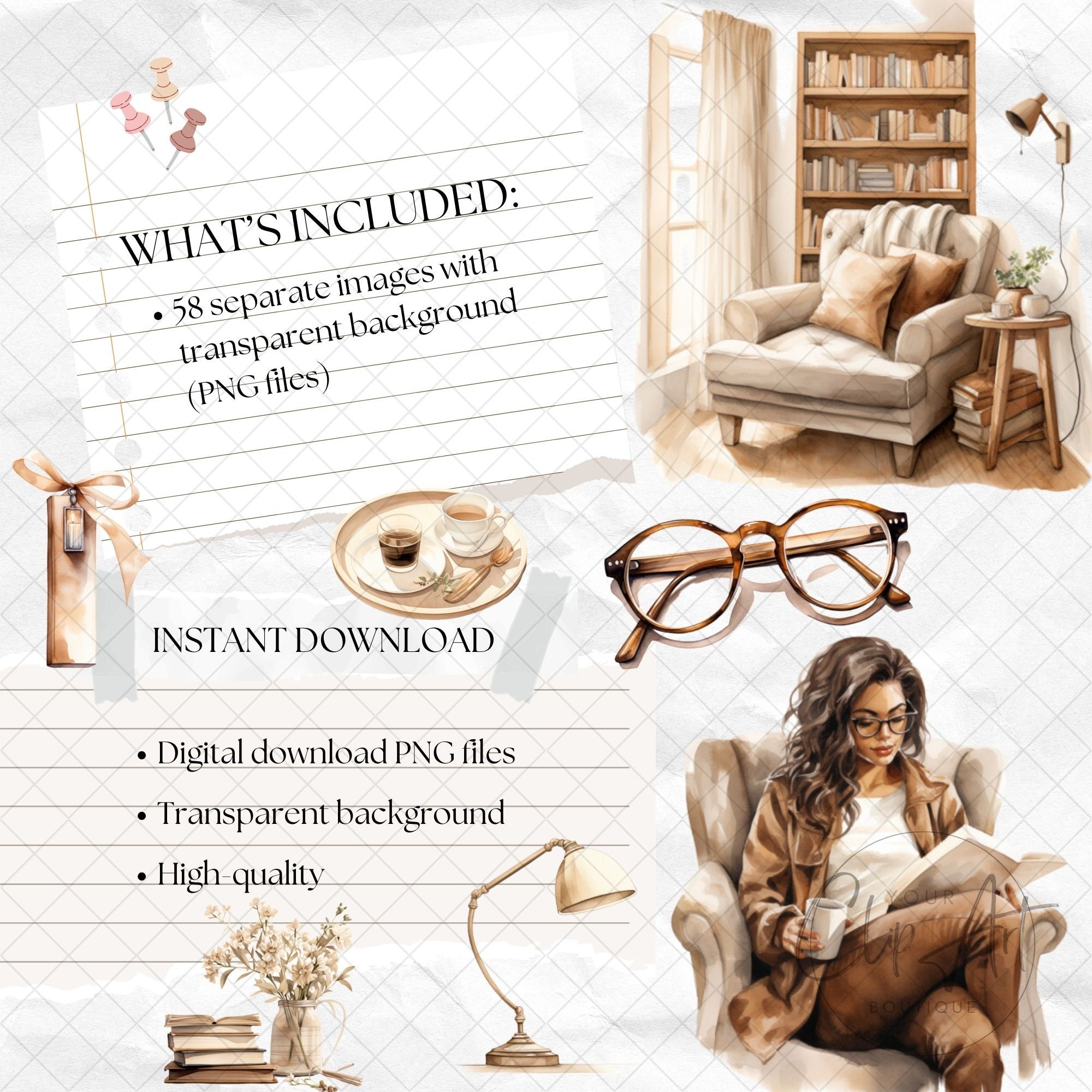 Watercolor Reading Time Clipart Book Lover Digital Stickers Planner ...