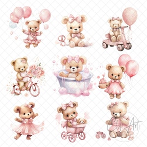 Sweet Baby Girl Teddy Bear Clipart Bundle Watercolor Baby Shower ...