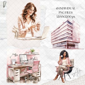 Pink Lady Boss Clipart Watercolor Office Day Fashionable Business Women ...