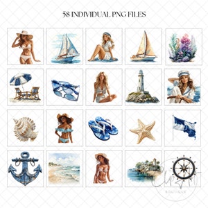 Watercolor Classy Beach Girl Clipart Nautical Decor Vacation Graphics ...